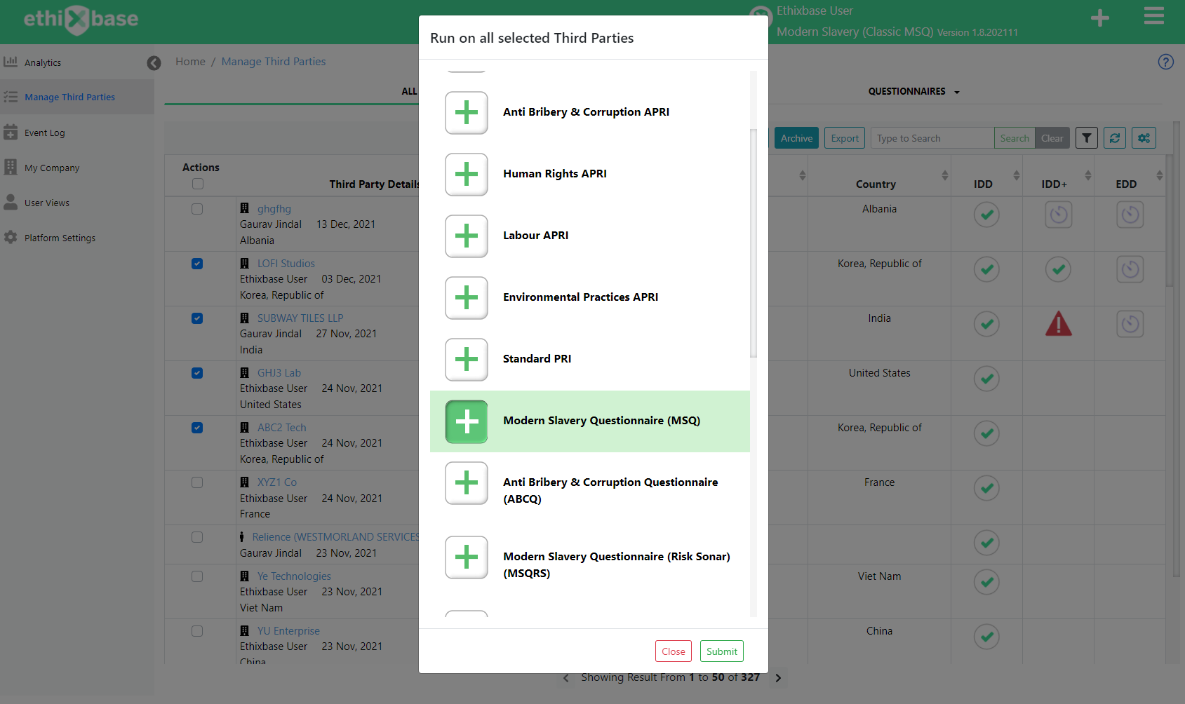 Sending Questionnaires (MSQ / ABCQ) to Suppliers – Ethixbase360